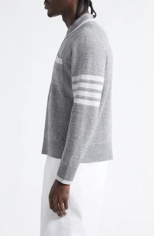 Thom Browne Relaxed 4-bar Textured Stitch Linen & Cotton Polo Sweater - Light Grey