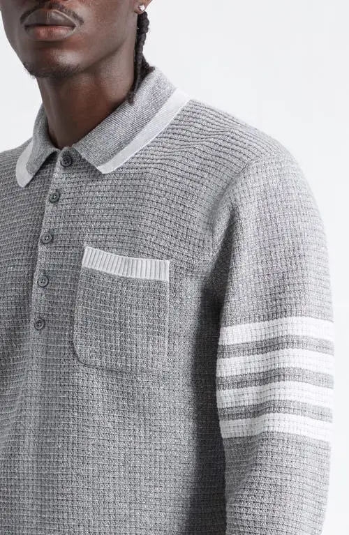Thom Browne Relaxed 4-bar Textured Stitch Linen & Cotton Polo Sweater - Light Grey