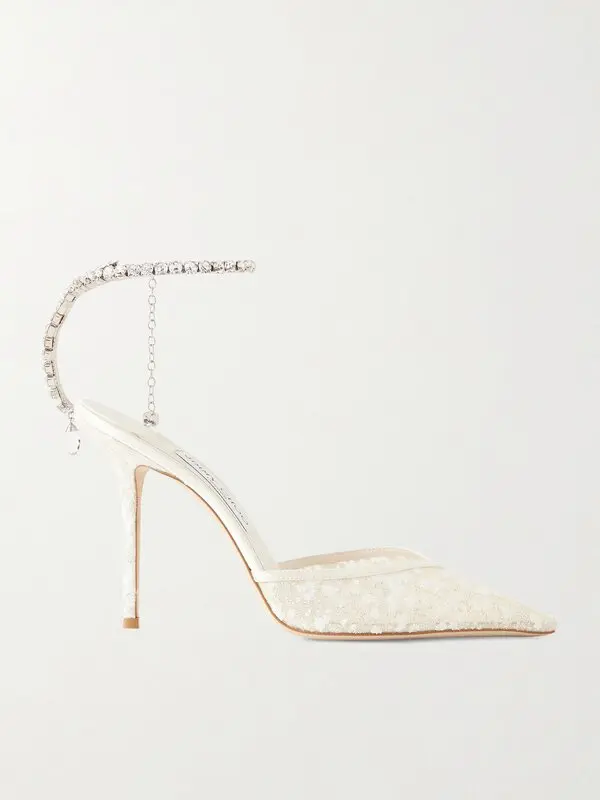 JIMMY CHOO Saeda 100 Crystal-embellished Sequined Mesh Pumps - White