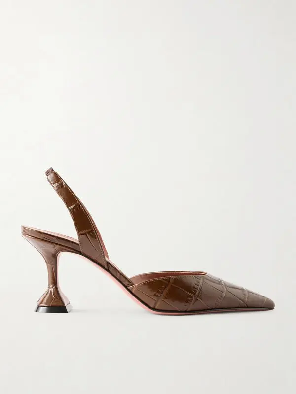 Amina Muaddi Holli Croc-effect Leather Slingback Pumps - Brown