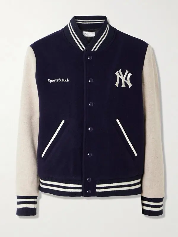 SPORTY & RICH 47 And New York Yankees Leather-trimmed Wool-felt Bomber Jacket - Navy