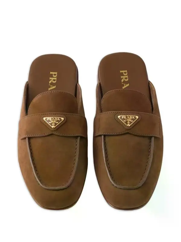 Prada Nubuck Mules With Enamelled Triangle Logo - Brown