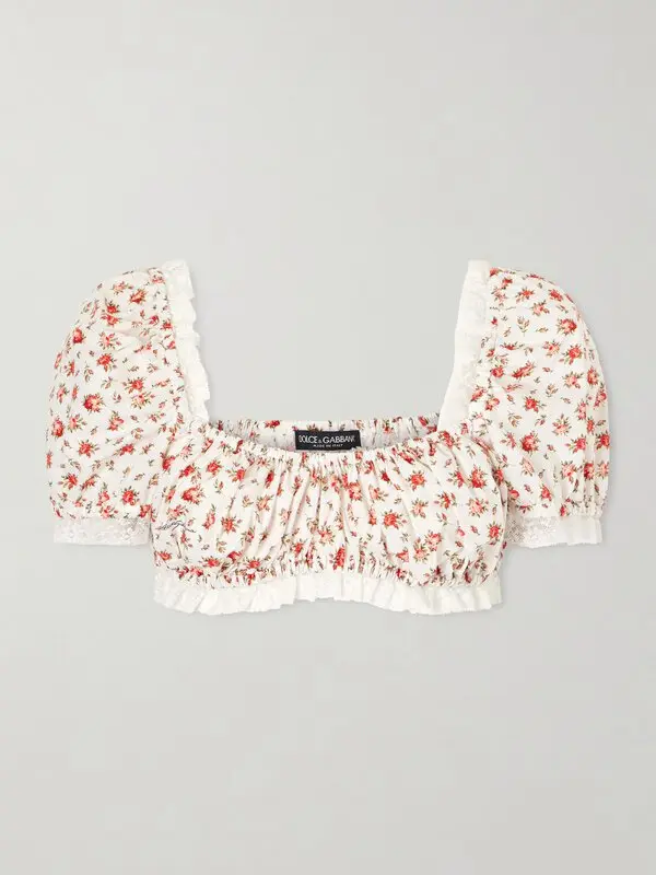 Dolce & Gabbana Cropped Printed Lace-trimmed Cotton-blend Poplin Top - White