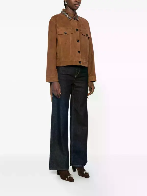 ERMANNO FIRENZE Suede Jacket With Embellished Collar And Fringe Detail