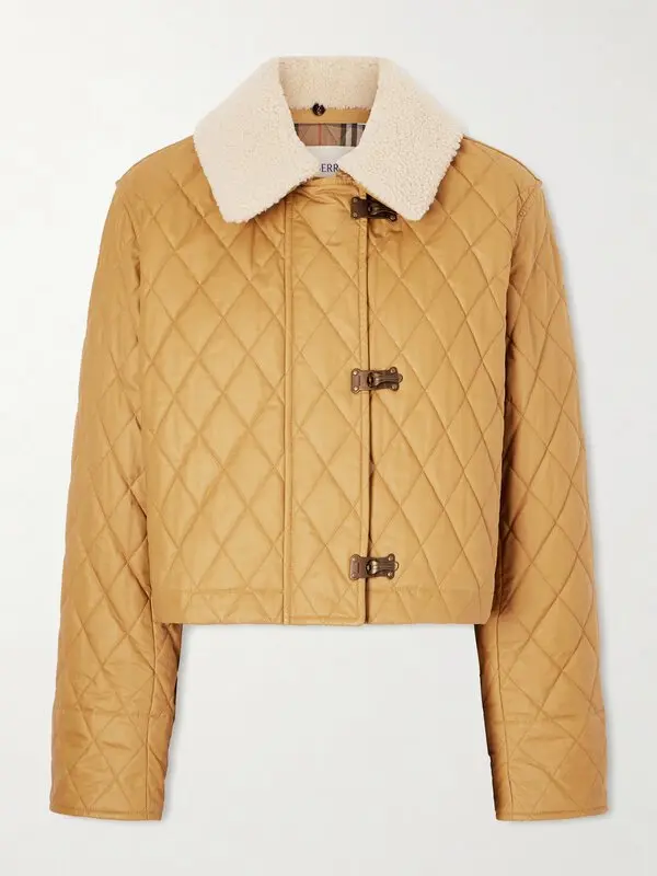 Burberry Cropped Shearling-trimmed Coated-cotton Jacket - Brown