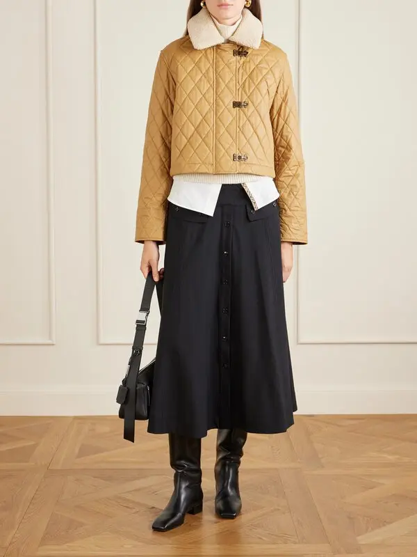 Burberry Cropped Shearling-trimmed Coated-cotton Jacket - Brown