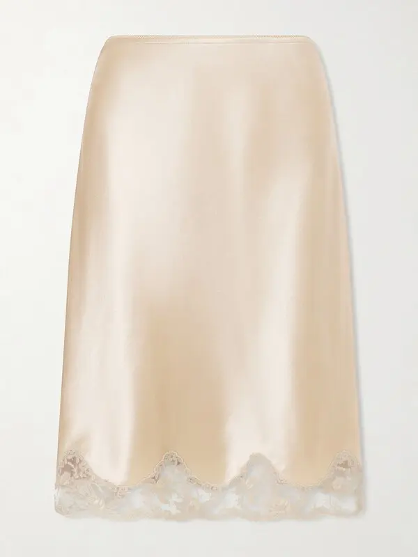 Saint Laurent Lace-trimmed Silk-satin Knee-length Skirt - Neutrals