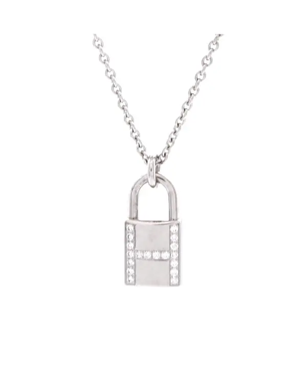 HERMES Amulettes Cadenas Pendant Necklace 18k Gold With Diamonds - White