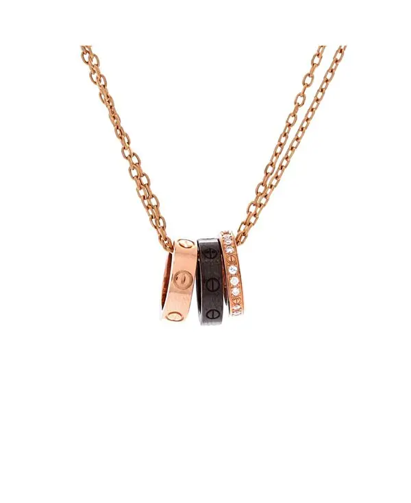 CARTIER Love 3 Ring Pendant Necklace 18k Rose Gold And Ceramic With Diamonds - Pink