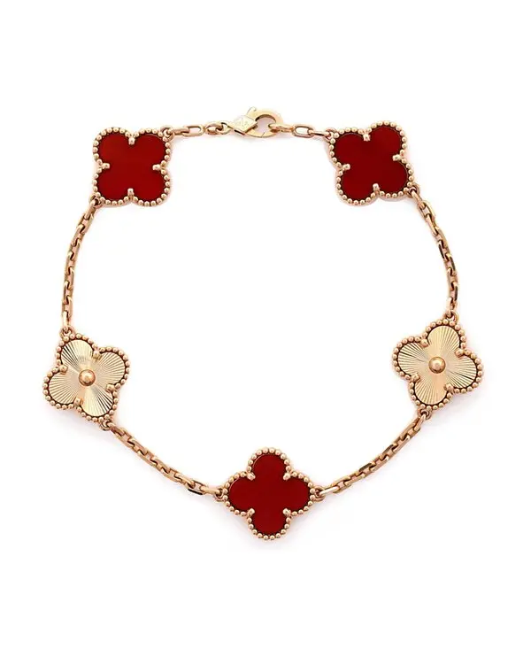 VAN CLEEF & ARPELS Vintage Alhambra 5 Motifs Bracelet Guilloche 18k Rose Gold And Carnelian - Pink