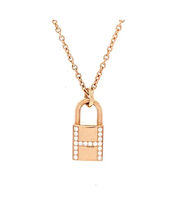HERMES Amulettes Cadenas Pendant Necklace 18k Rose Gold With Diamonds, 15.75 - Pink