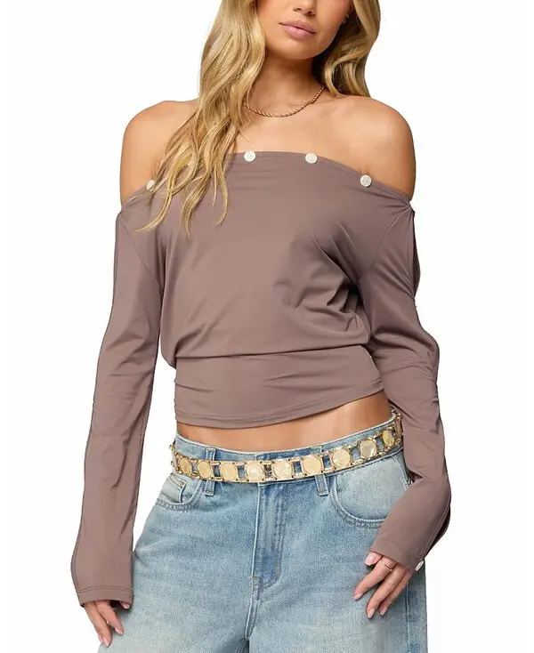 EDIKTED Off Shoulder Button Cutout Top
