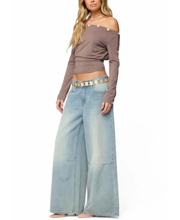 EDIKTED Off Shoulder Button Cutout Top