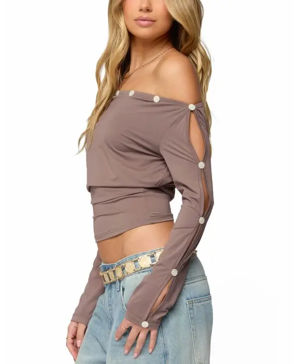 EDIKTED Off Shoulder Button Cutout Top