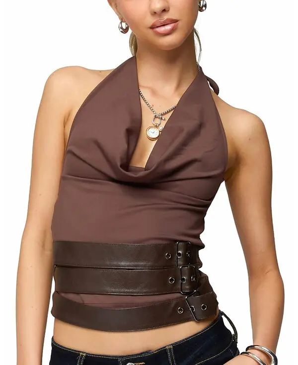 EDIKTED Buckle Cowl Neck Backless Top - Brown