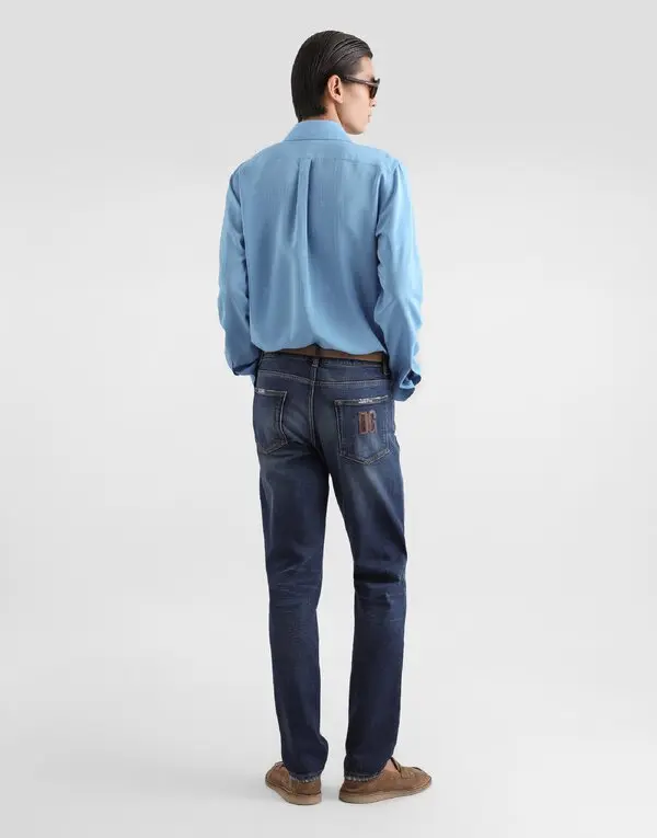 Dolce & Gabbana Gold Shirt In Silk Jacquard - Blue