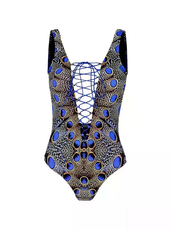 NOIRE SWIMWEAR Feathers Lace-up One-piece - Blue