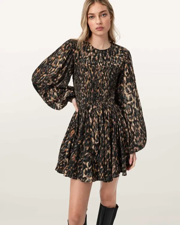 ALLSAINTS Chia Smocked Mini Dress - Prowl Golden Brown