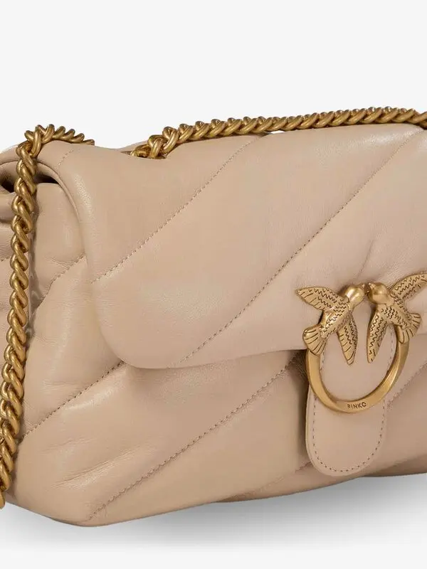 Pinko Love Puff Classic Quilted Leather Shoulder Bag With Chain Strap - Beige