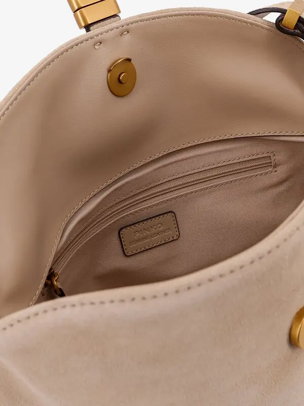 Pinko Leather Shoulder Bag With Logo Detail - Beige