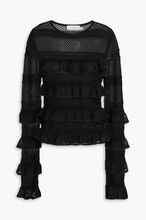 Zimmermann Ruffled Pointelle-knit Top - Black