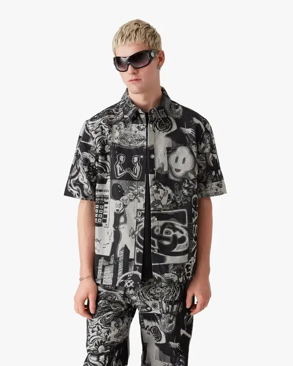 Casablanca Rave Collage Short Sleeve Denim Shirt - Multicolor