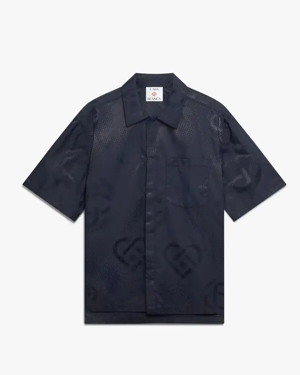 Casablanca Navy Half Tone Monogram Short Sleeve Shirt - Multicolor
