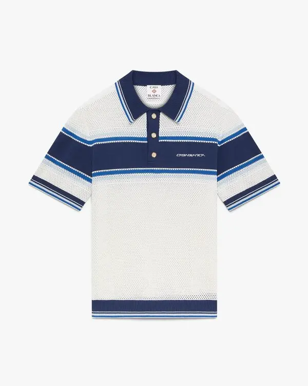 Casablanca White & Striped Mesh Short Sleeve Polo Shirt - Blue