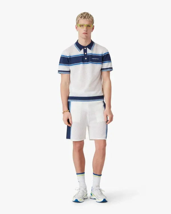 Casablanca White & Striped Mesh Short Sleeve Polo Shirt - Blue