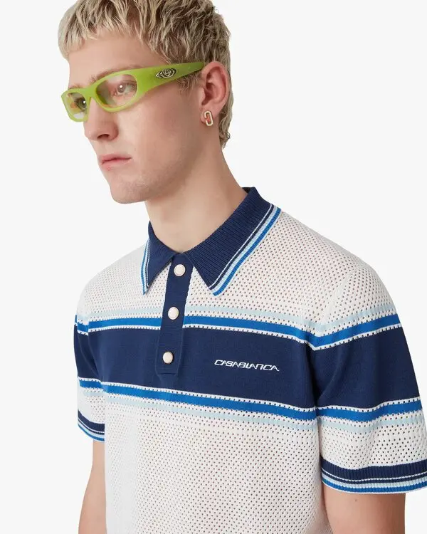 Casablanca White & Striped Mesh Short Sleeve Polo Shirt - Blue