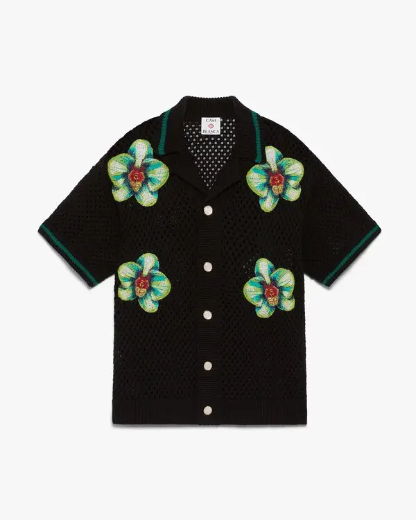 Casablanca Glitch Orchid Embroidered Short Sleeve Crochet Shirt - Multicolor
