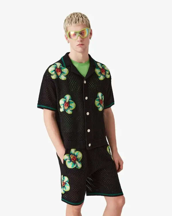 Casablanca Glitch Orchid Embroidered Short Sleeve Crochet Shirt - Multicolor