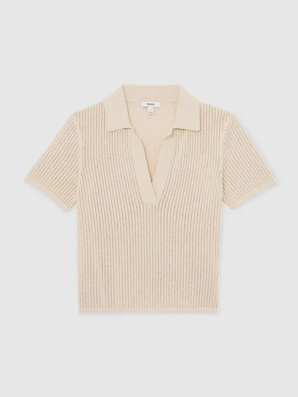 REISS Pippa Open-stitch Knitted Polo Top - Ivory