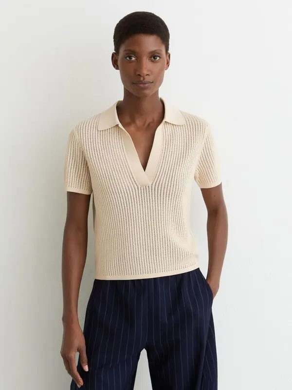 REISS Pippa Open-stitch Knitted Polo Top - Ivory
