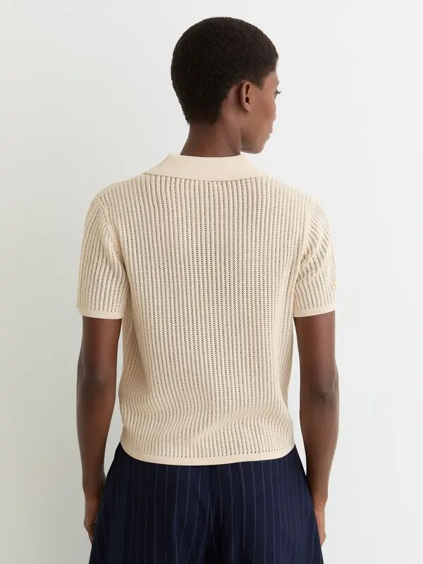REISS Pippa Open-stitch Knitted Polo Top - Ivory