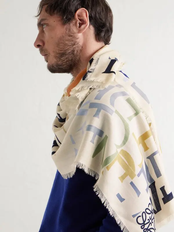Loewe Fringed Logo-print Wool, Silk And Cashmere-blend Scarf