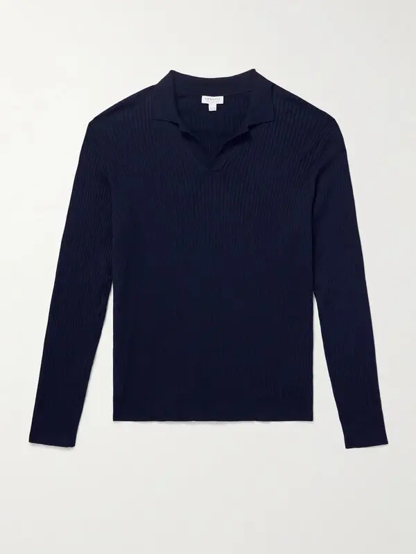 Sunspel Slim-fit Ribbed Mulberry Silk And Cotton-blend Polo Shirt - Blue