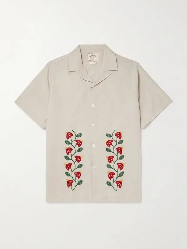 Portuguese Flannel Branch Convertible-collar Embroidered Linen And Cotton-blend Shirt