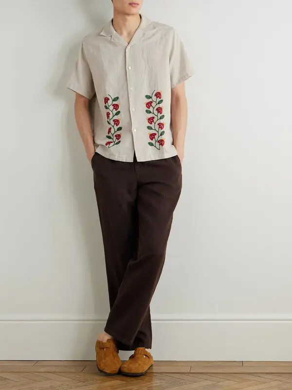 Portuguese Flannel Branch Convertible-collar Embroidered Linen And Cotton-blend Shirt