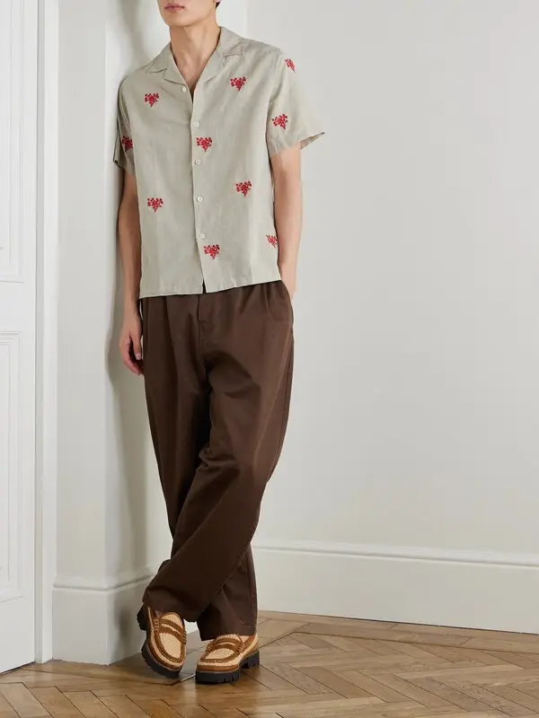 Portuguese Flannel Convertible-collar Embroidered Linen And Cotton-blend Shirt
