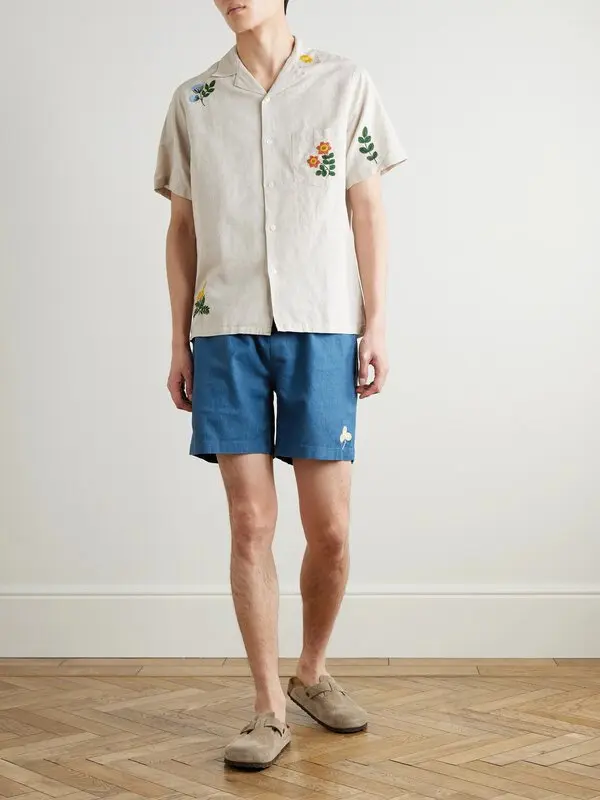 Portuguese Flannel Convertible-collar Embroidered Linen And Cotton-blend Shirt - Neutrals