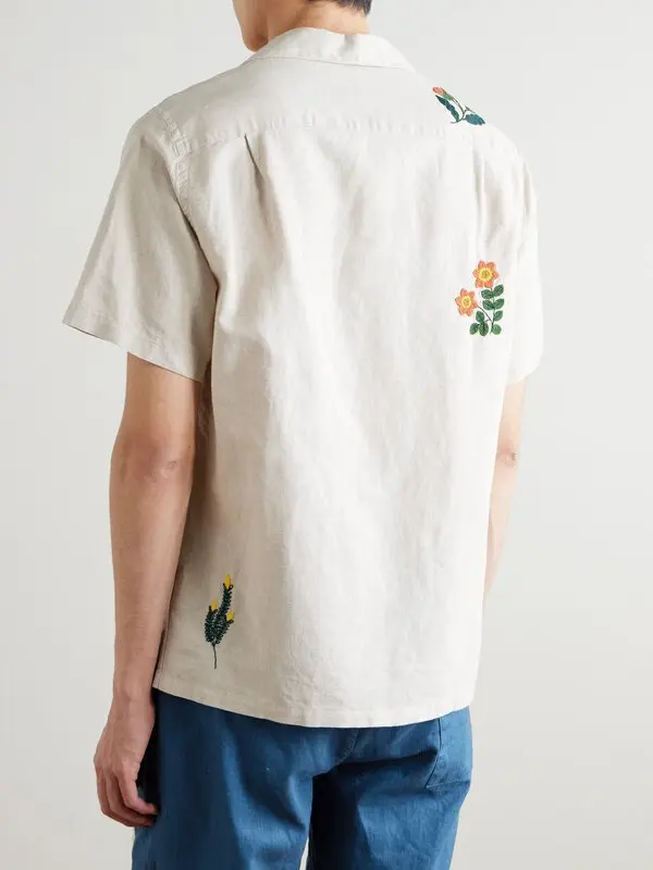 Portuguese Flannel Convertible-collar Embroidered Linen And Cotton-blend Shirt - Neutrals