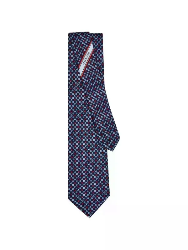 FERRAGAMO Gancini Flower Print Silk Neck Tie - Blue