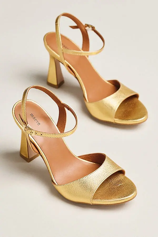 Maeve Ankle Strap Heeled Sandals - Gold Metallic