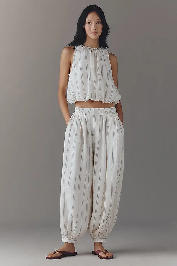 Anthropologie Modern Genie Linen Bubble Pants - Ivory / Charcoal Stripe