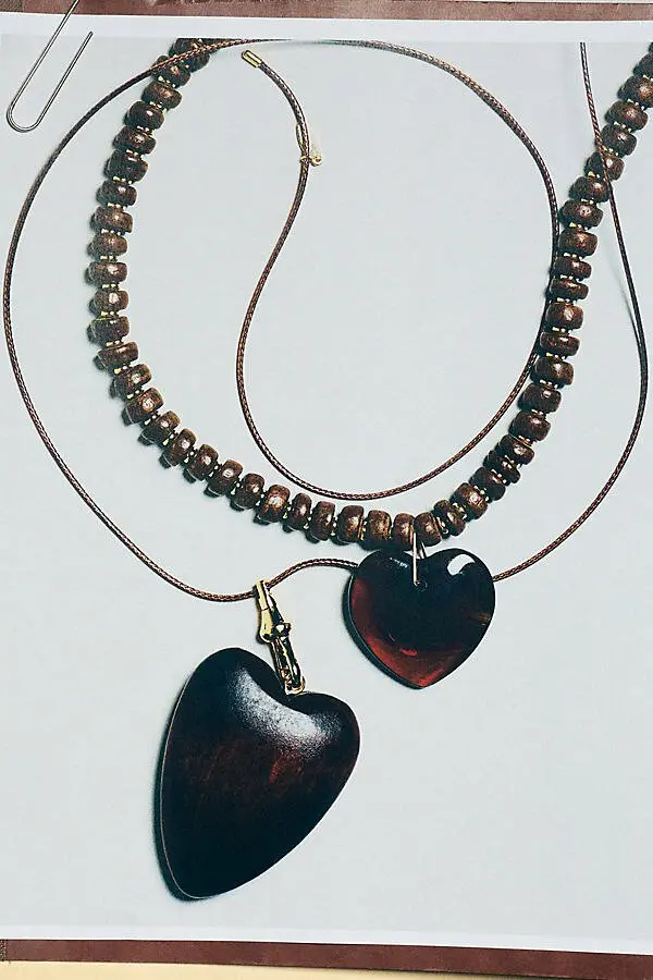 Anthropologie Wooden Heart Pendant Necklace - Brown