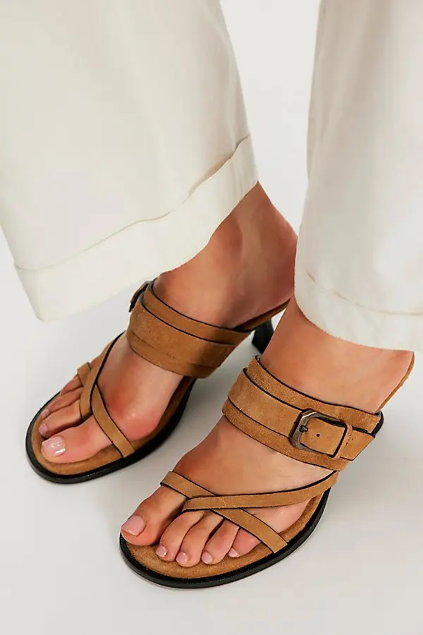 Free People Belted Kitten Heel Sandals - Driftwood Tan Suede