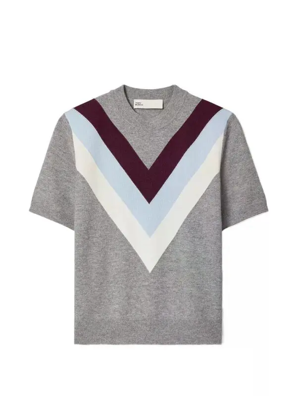 Tory Burch Chevron Wool-cashmere Blend Short Sleeve Top