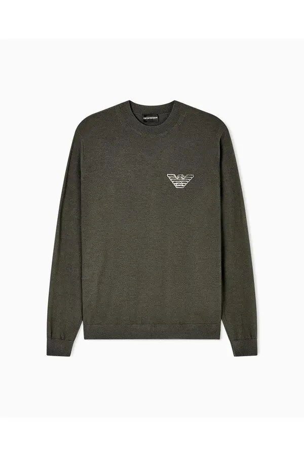 Emporio Armani Plain-knit Virgin Wool Jumper With Eagle Patch - Natural
