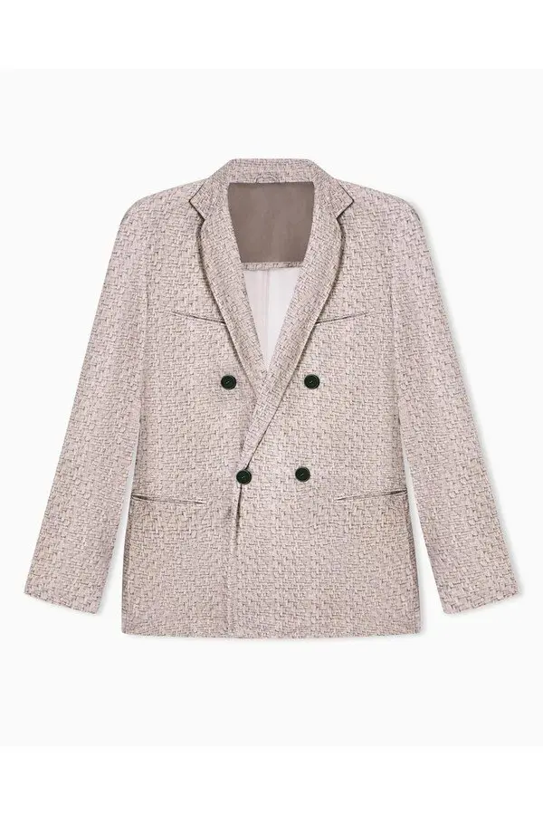Giorgio Armani Suede Double-breasted Jacket With Weave Print - Natural